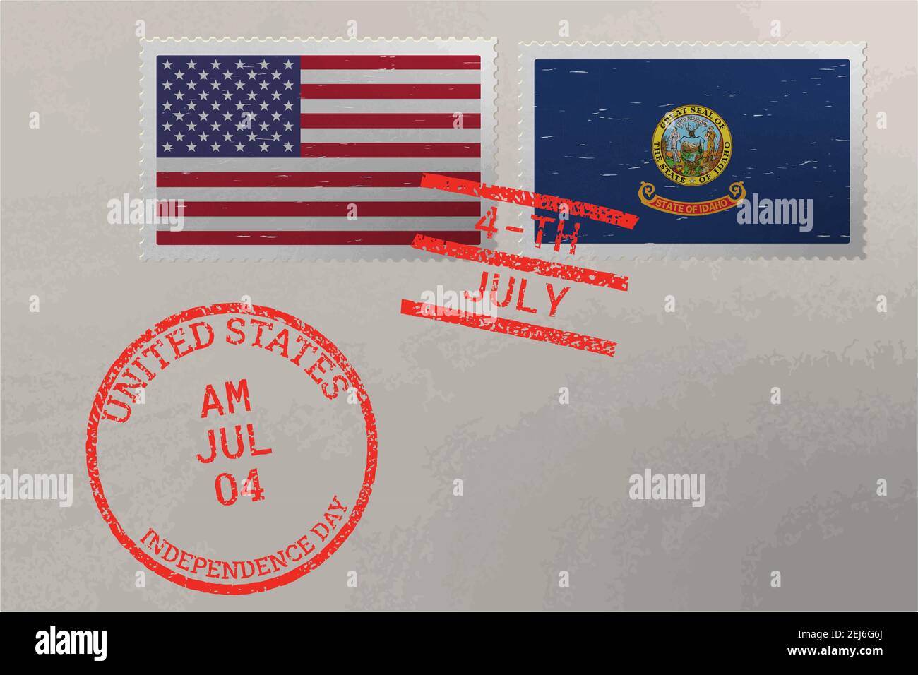Postage stamp envelope with Idaho and USA flag and 4-th July stamps ...