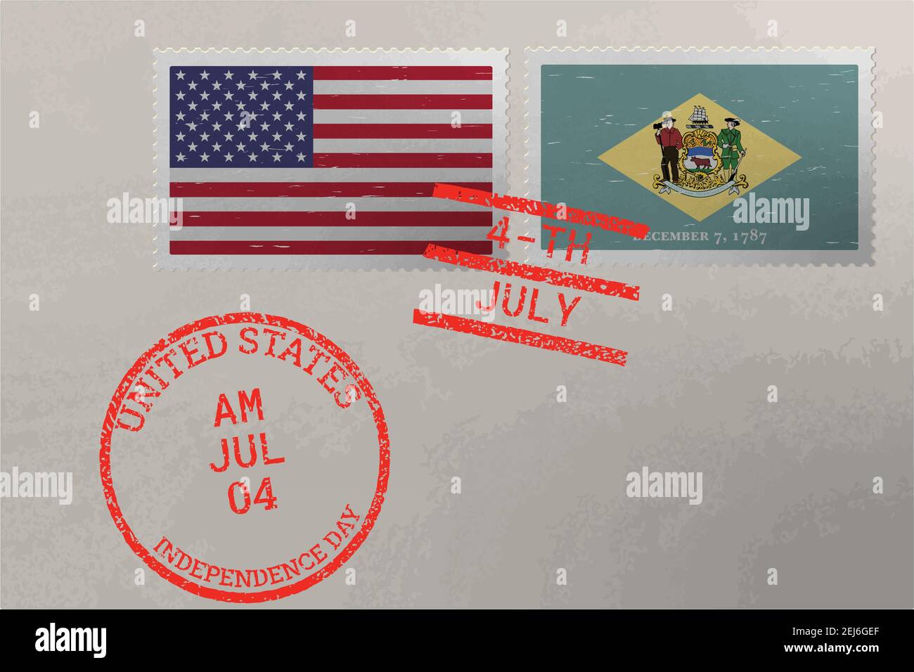 Postage stamp envelope with Delaware and USA flag and 4-th July stamps ...
