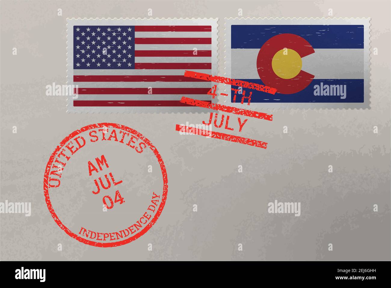 Postage stamp envelope with Colorado and USA flag and 4-th July stamps ...