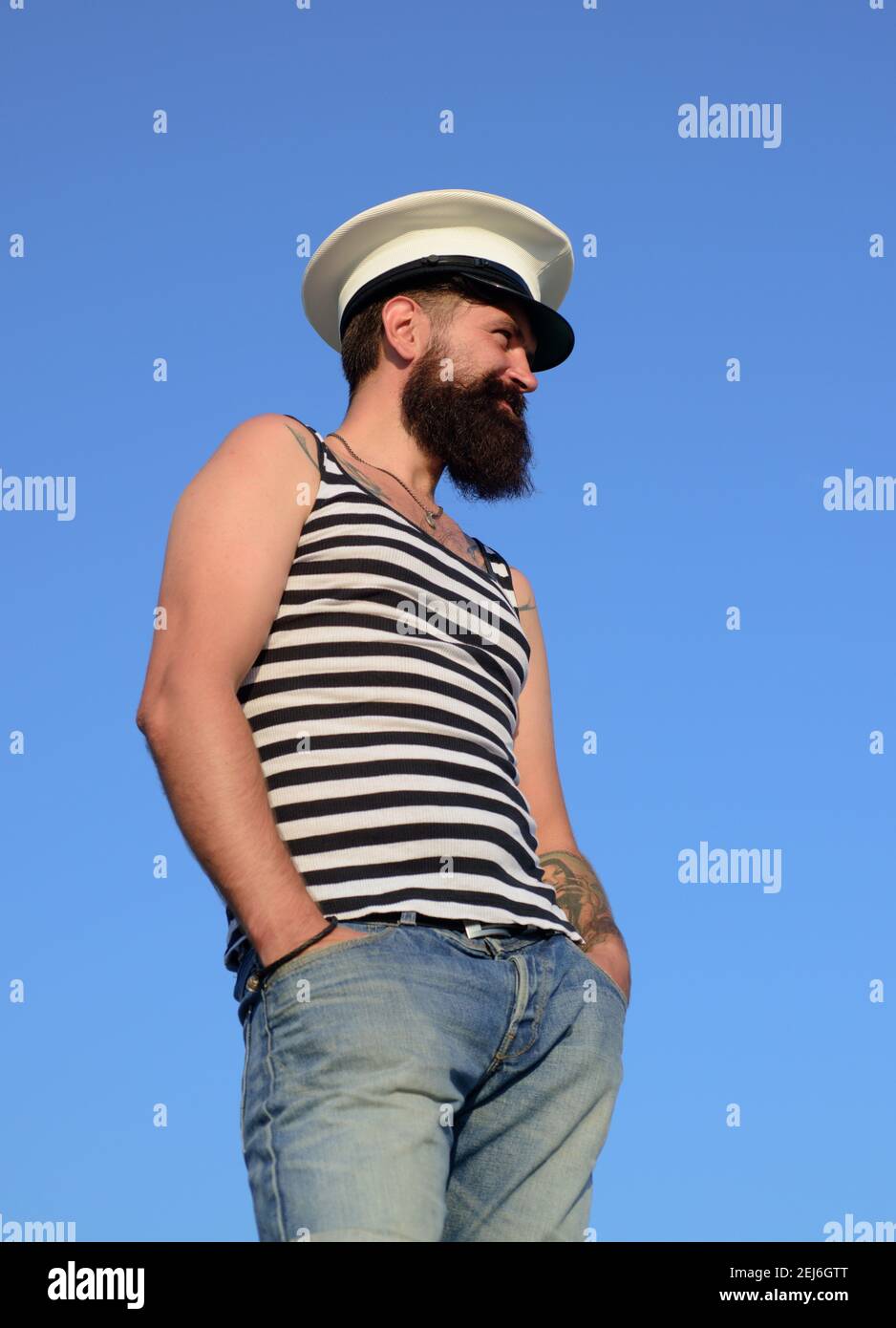 Bearded captain sailor wearing hat. Seaman fun. Portrait of serious captain. Bearded sailor ...