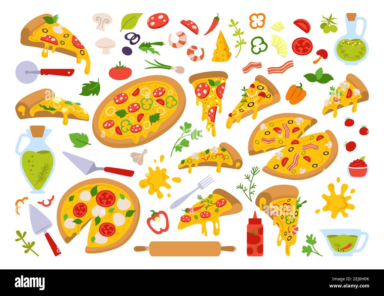 Pizza cartoon set. Italian hand drawn pizzas with greens, pepper ...