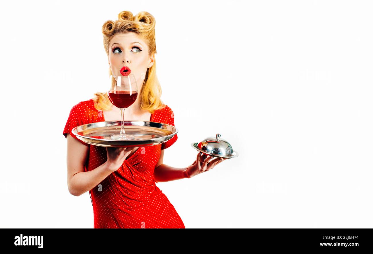 Wine. Pin up girl waiter with alcohol and service tray. Restaurant ...