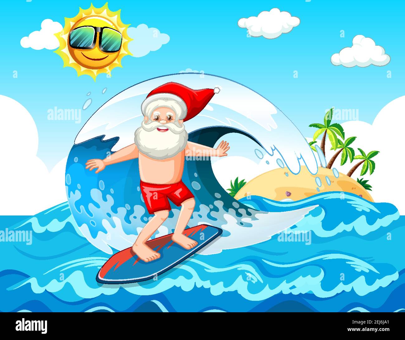 Santa Claus surfing at the beach for summer christmas illustration ...