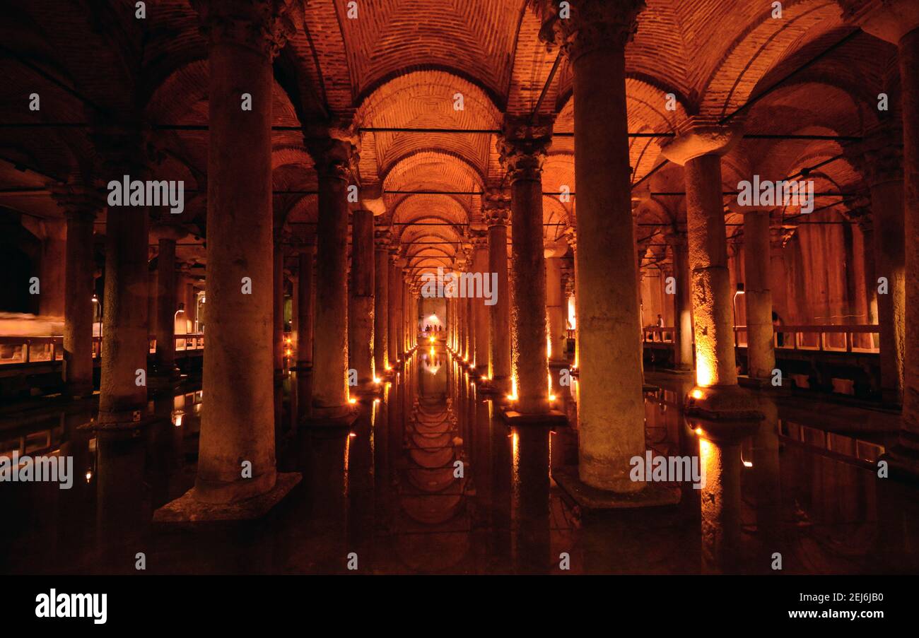 The large columns and domed ceiling of the Cistern Basilica under the ...