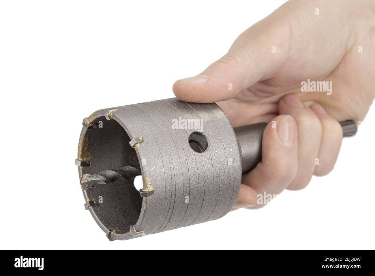 Female hand holding impact core drill, isolated on white background ...