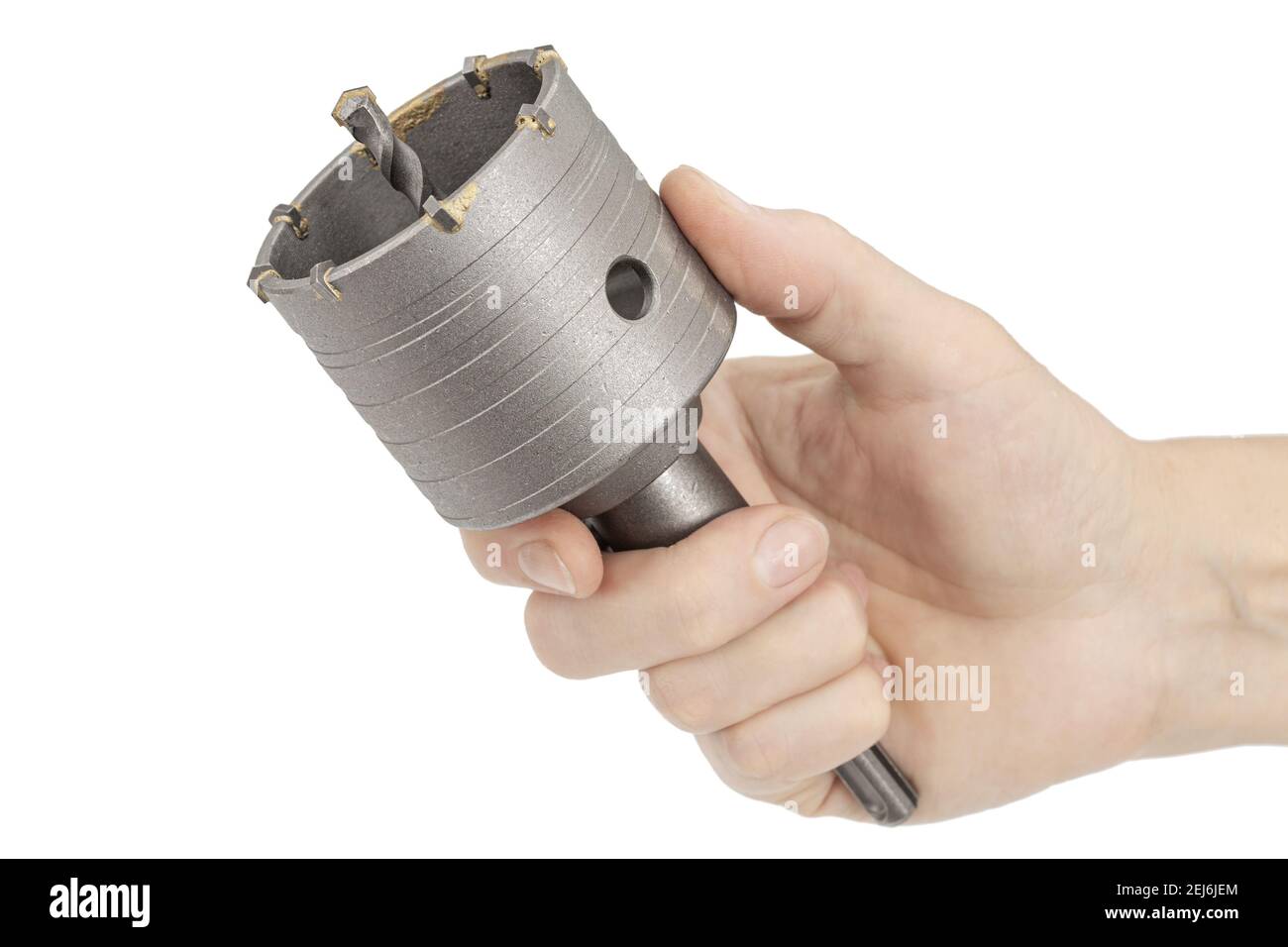 Female hand holding impact core drill, isolated on white background ...