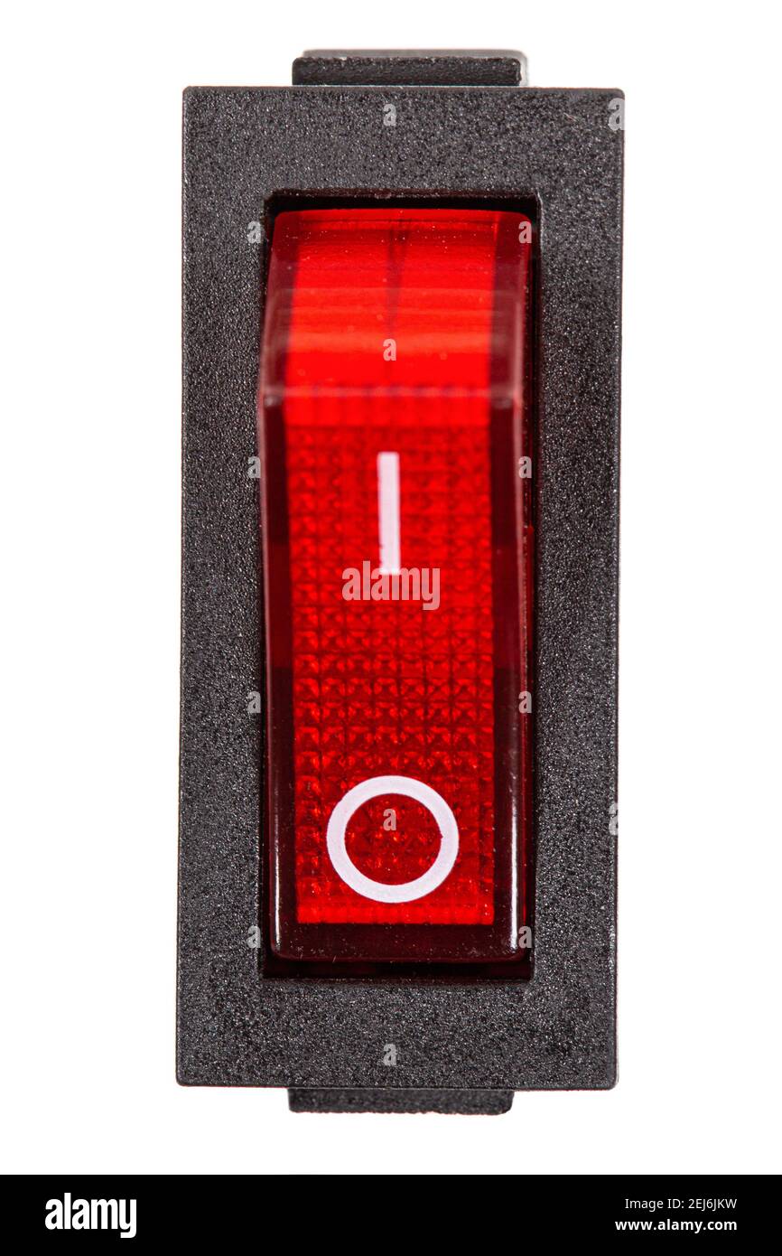 Red power switch at OF position, isolated on white background no ...