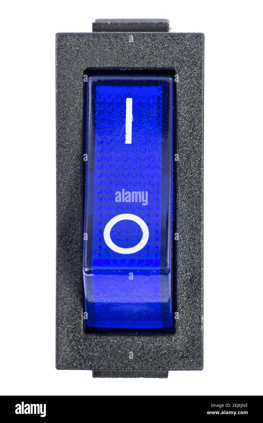 Blue power switch at ON position, isolated on white background no ...