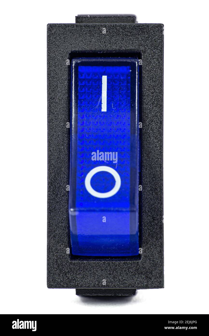 Blue power switch at ON position, isolated on white background Stock ...