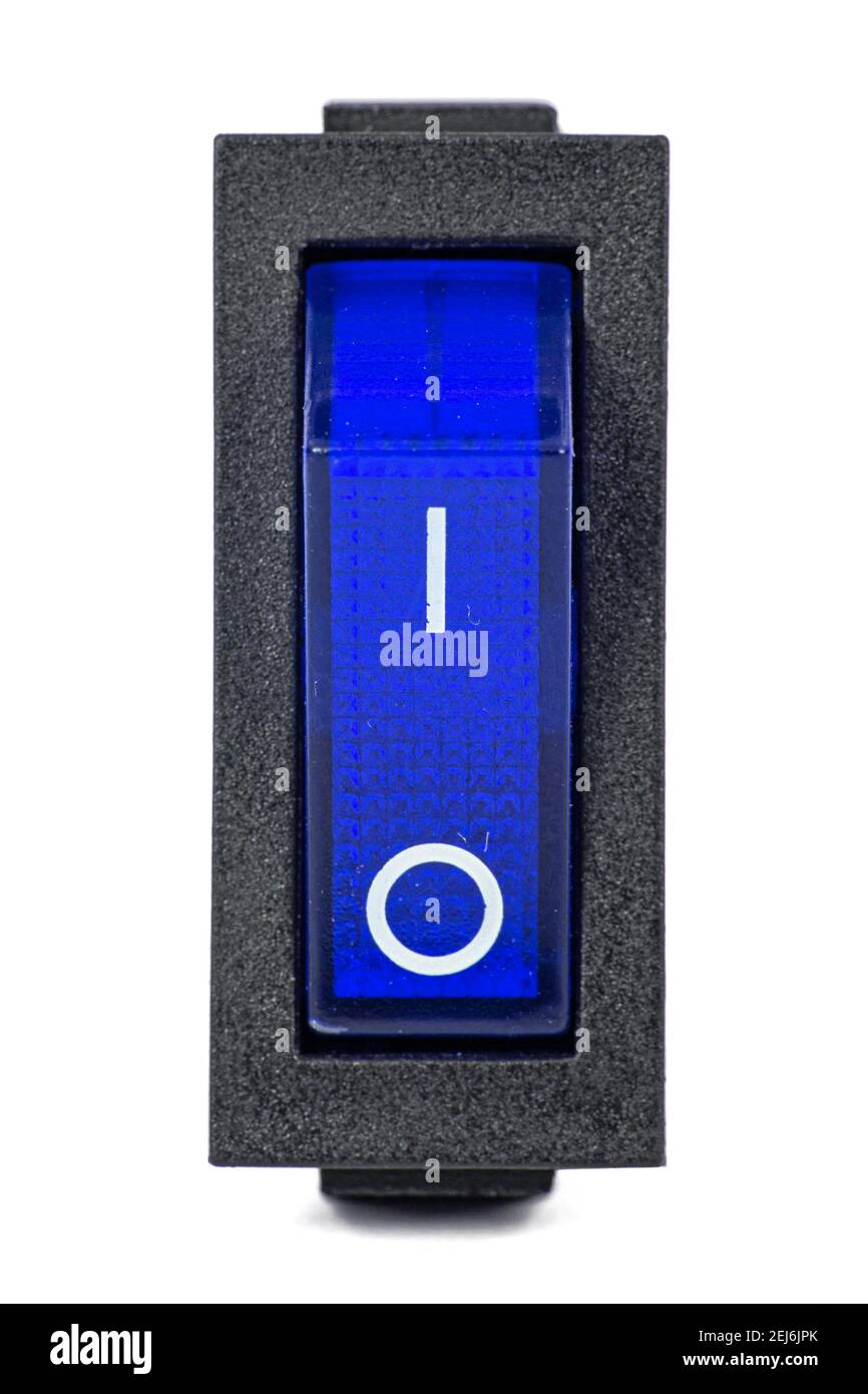 Blue power switch at OF position, isolated on white background Stock ...