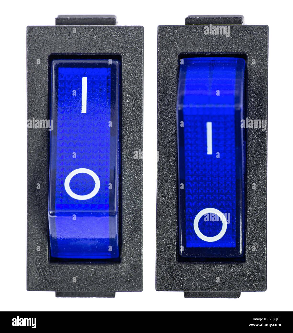 Blue power switches at ON and OF position, isolated on white background ...