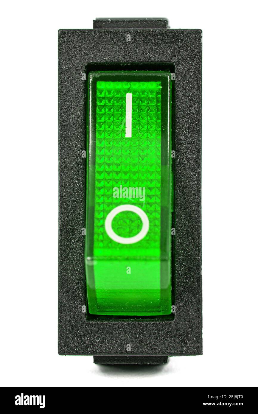 Green power switch at ON position, isolated on white background Stock ...