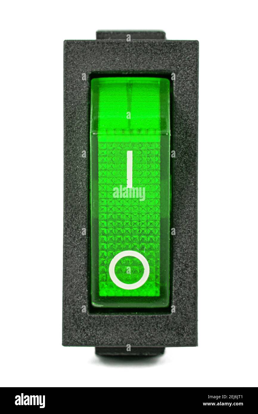 Green power switch at OF position, isolated on white background Stock ...