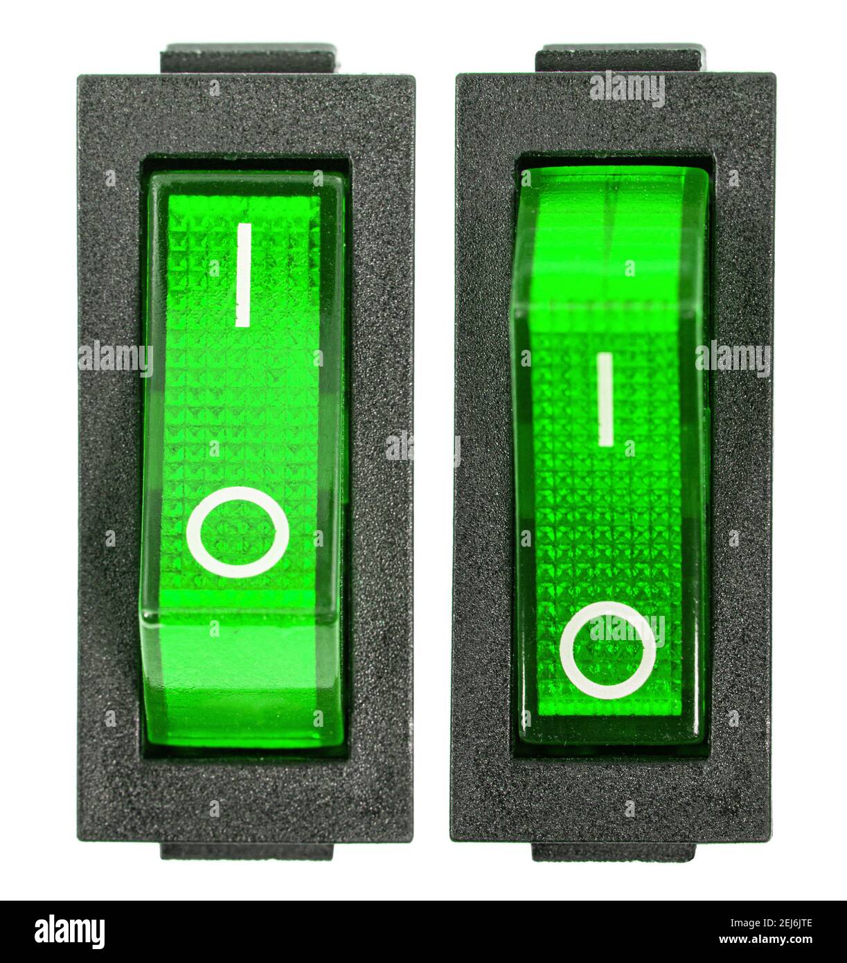 Green power switches at ON and OF position, isolated on white ...