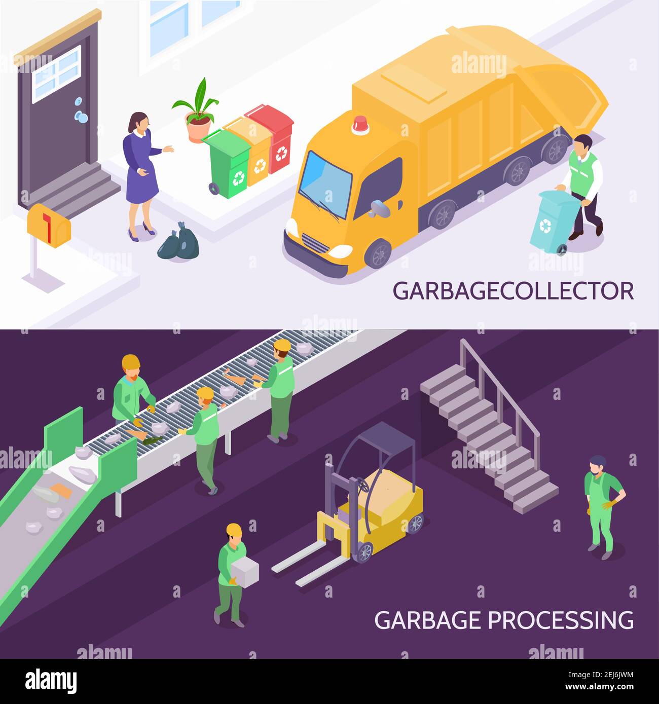 Set of horizontal isometric banners with garbage collector and refuse ...