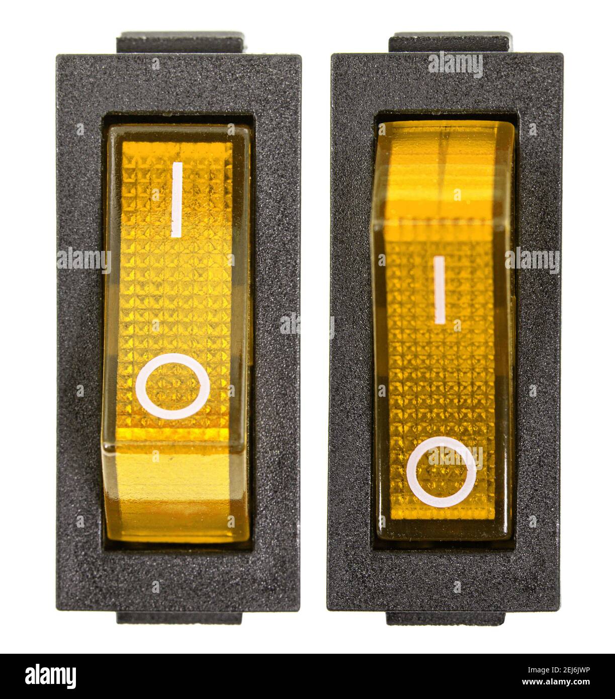 Yellow power switches at ON and OF position, isolated on white ...