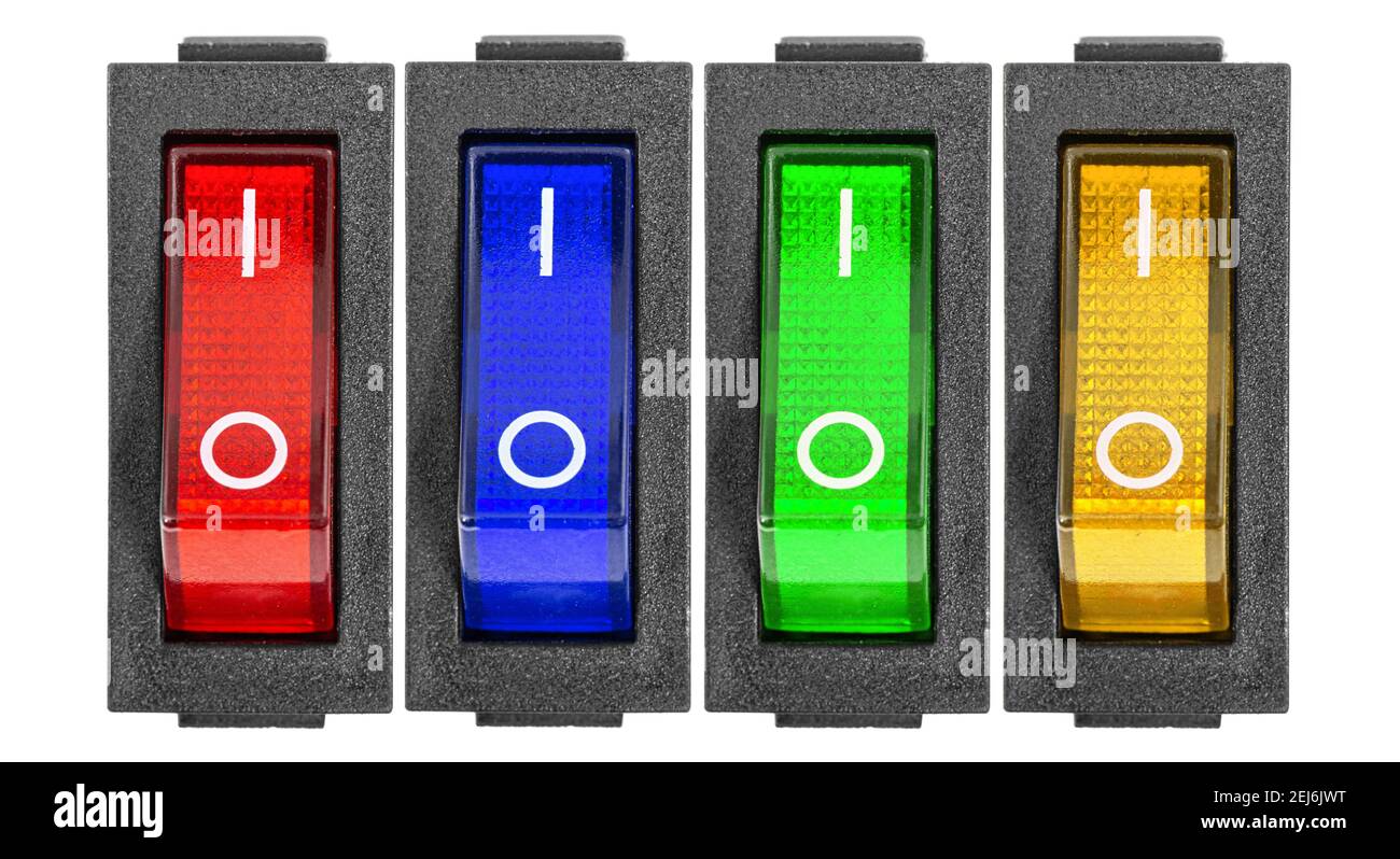 Red, blue, green and yellow power switches at ON position, isolated on ...