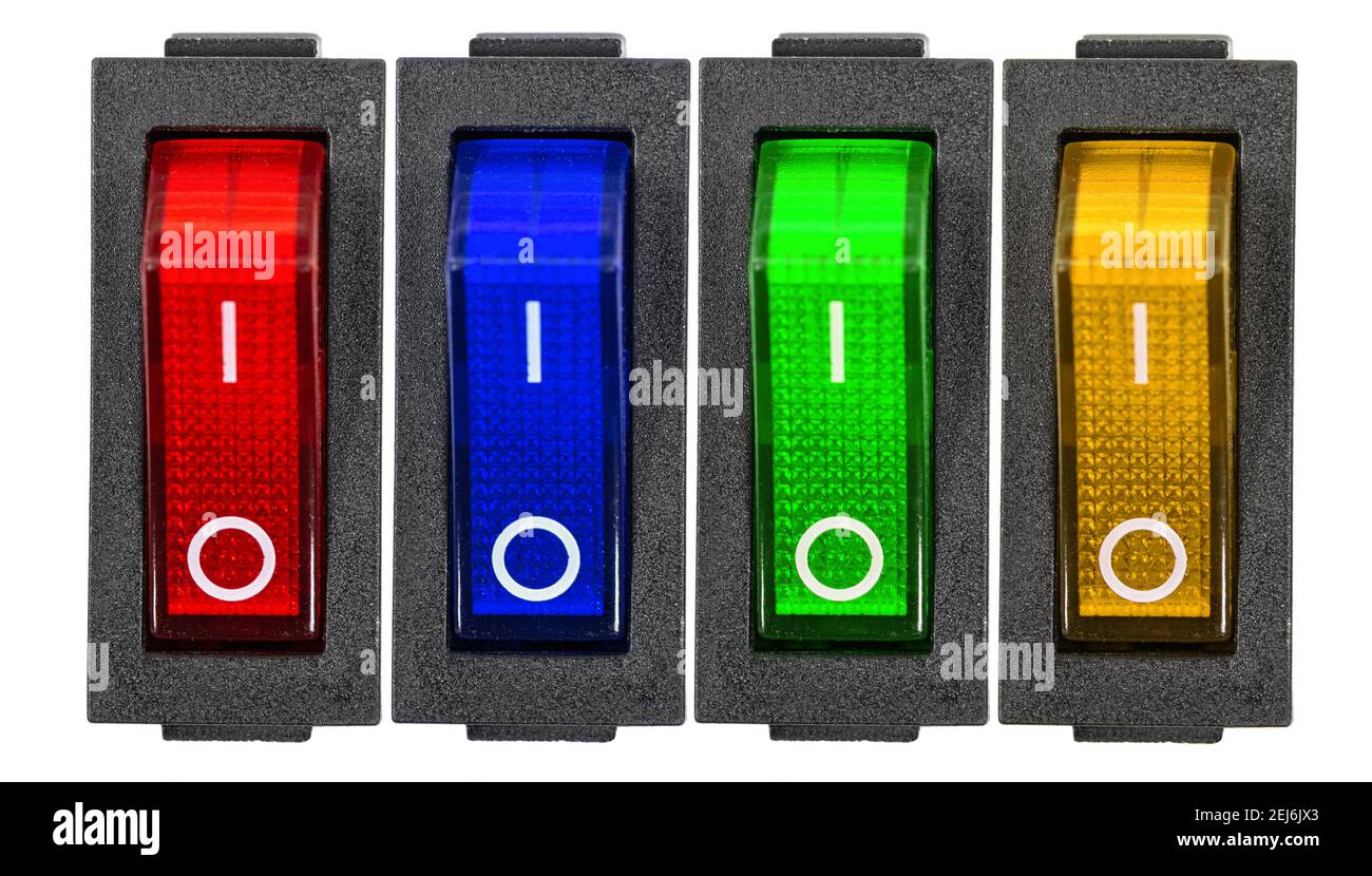 Red, blue, green and yellow power switches at OF position, isolated on ...