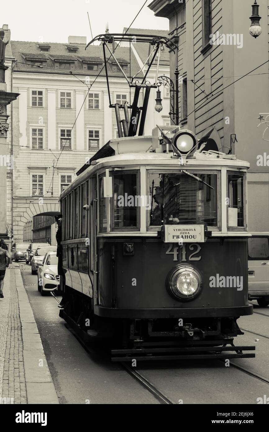oldest tram in prague Stock Photo - Alamy