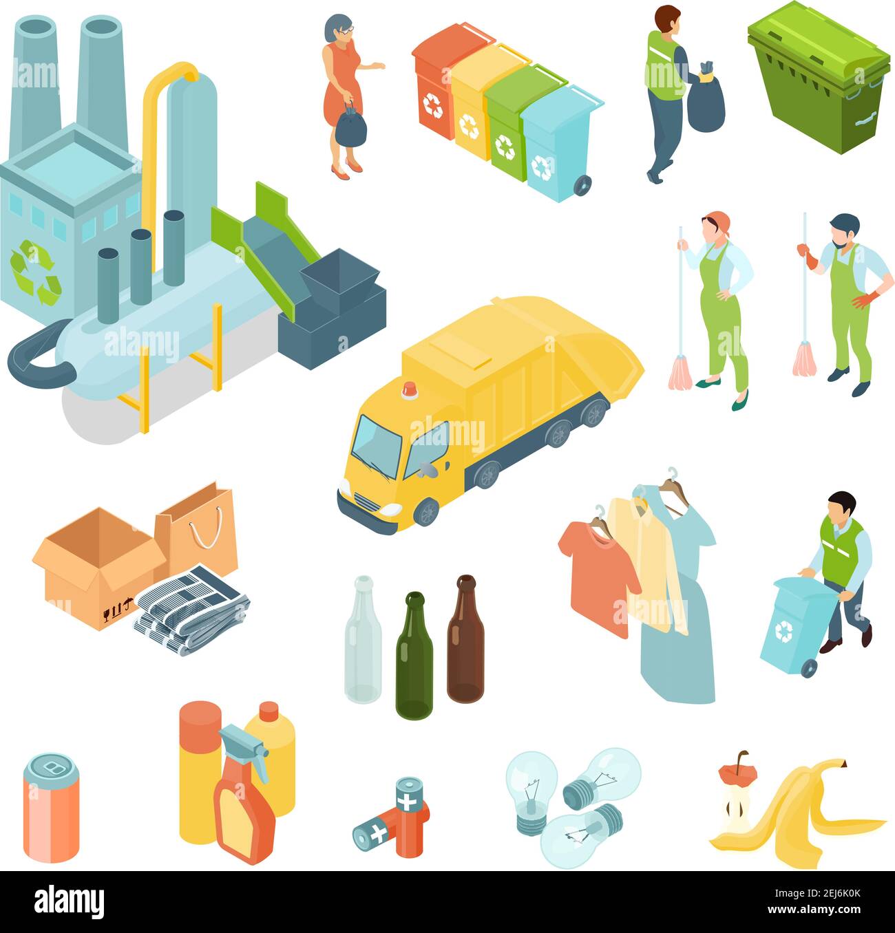 Garbage recycling set of isometric icons with waste processing plant ...
