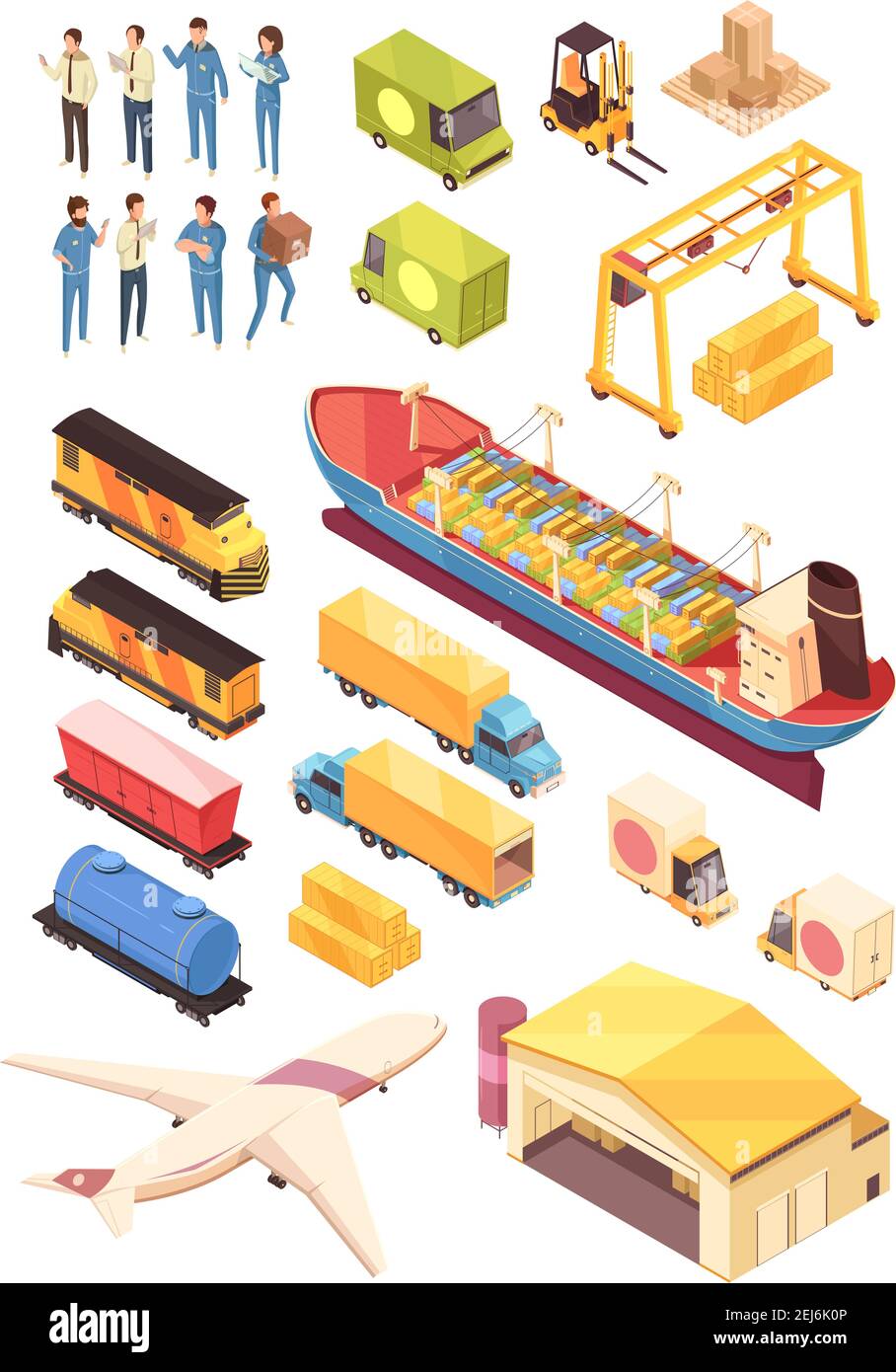 Isometric logistic delivery people set of isolated cargo vessels and ...