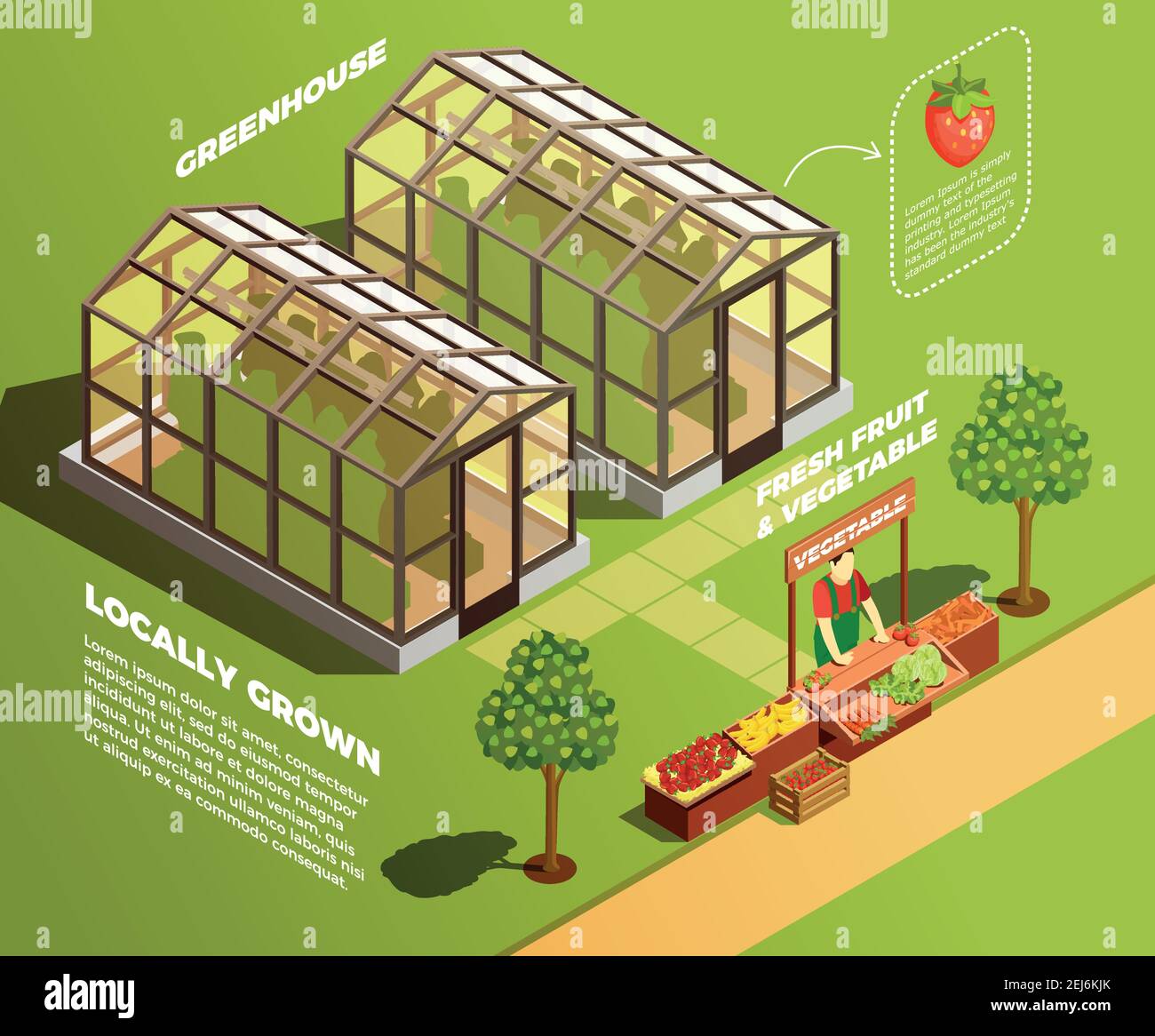 Isometric farm background with two glass greenhouses for locally ...