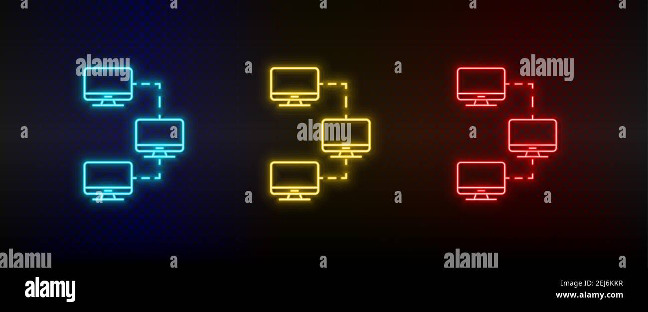 Neon icon set Computer lan. Set of red, blue, yellow neon vector icon ...