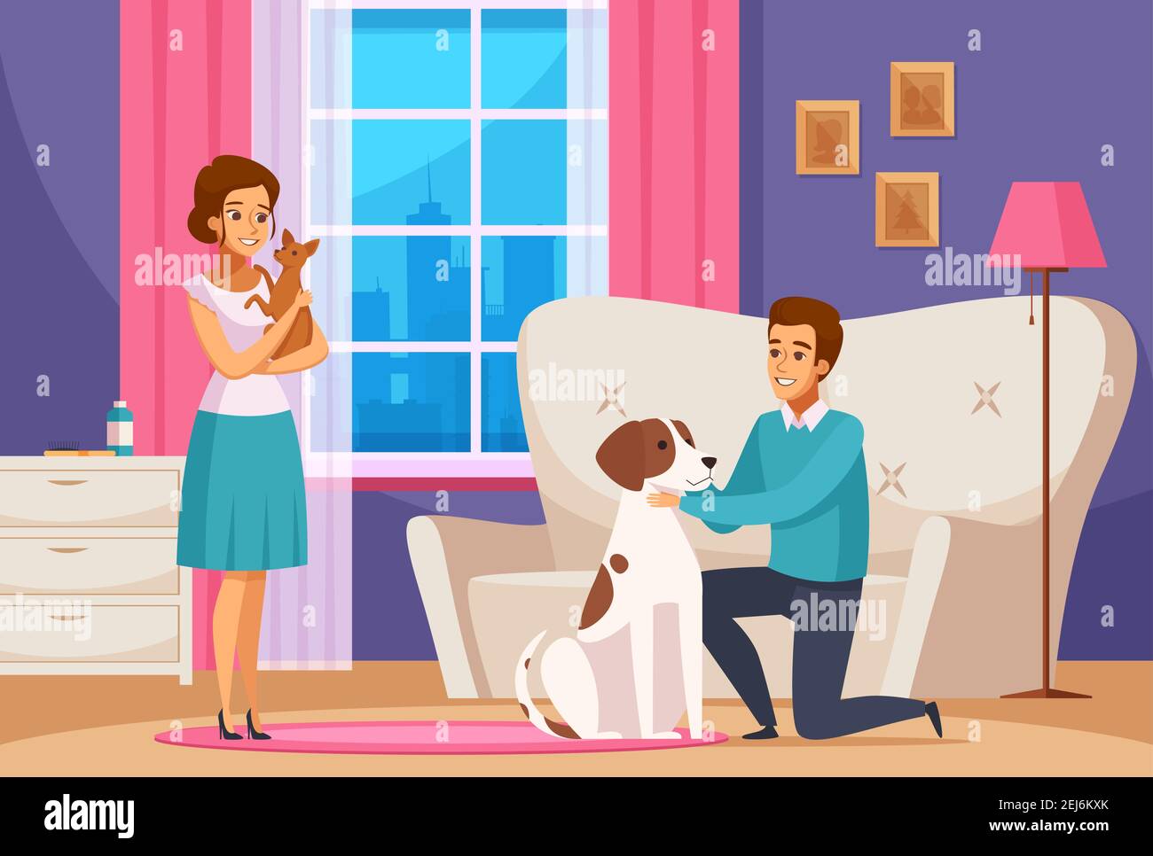 Happy family couple with big and little dogs in home interior cartoon ...