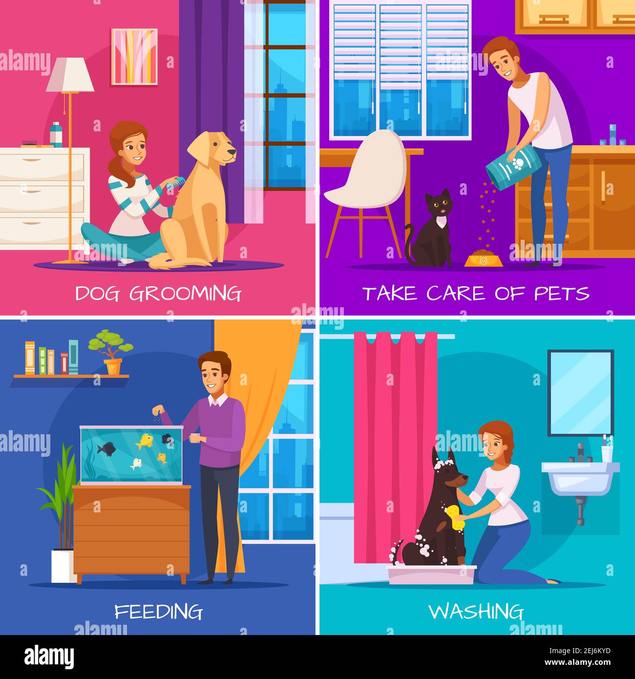 People with pets 2x2 design concept with dog grooming washing fish ...