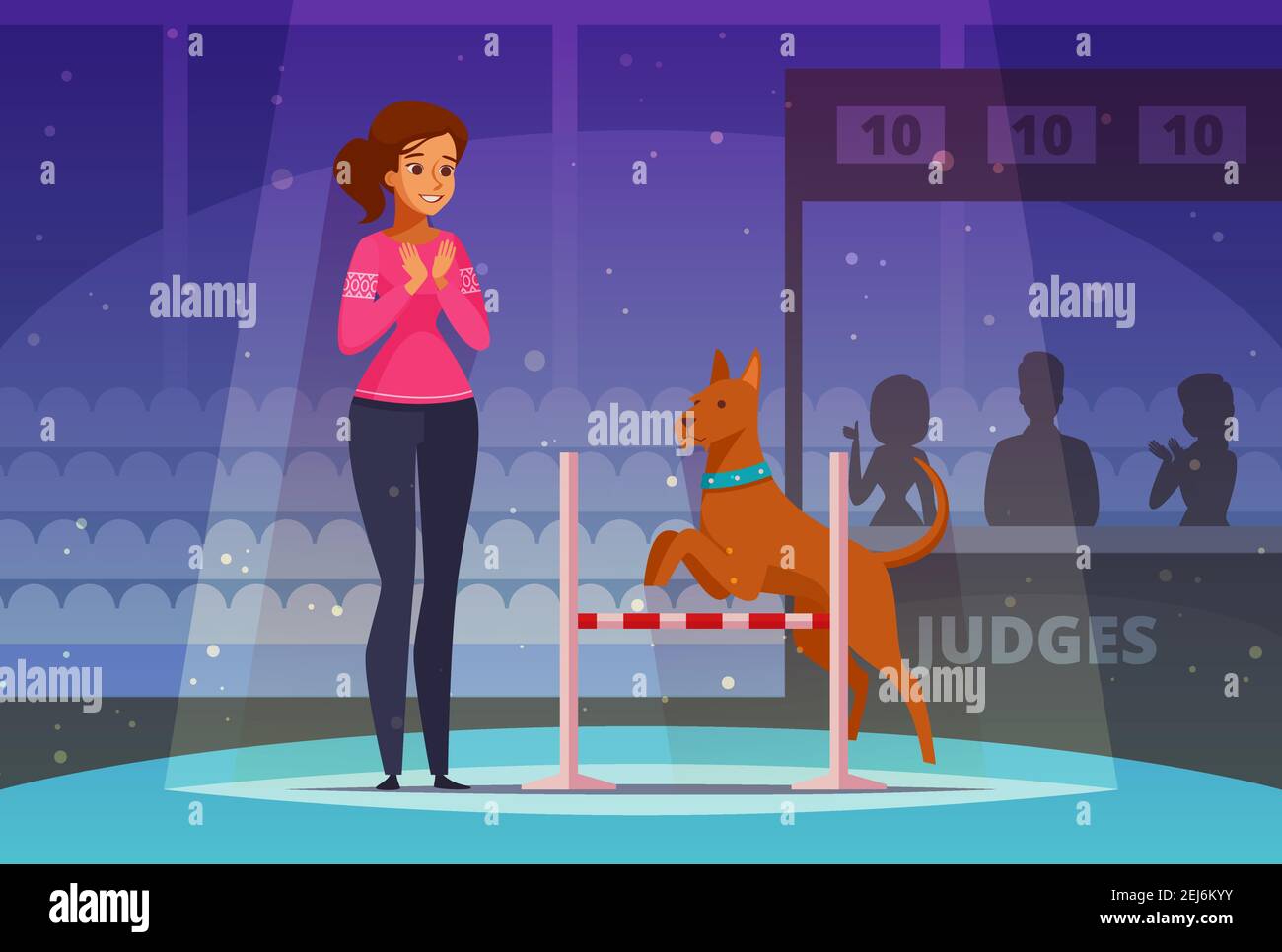Pet competition cartoon composition with female owner judges and dog ...