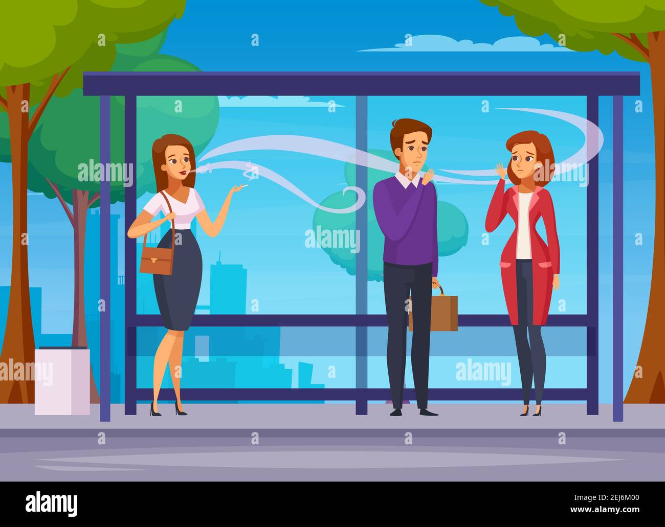 Smoking danger cartoon composition with young people waiting transport ...