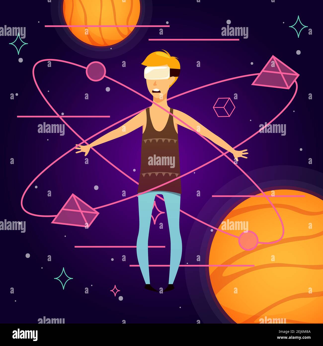 Orthogonal background with man in headset during perception of virtual ...