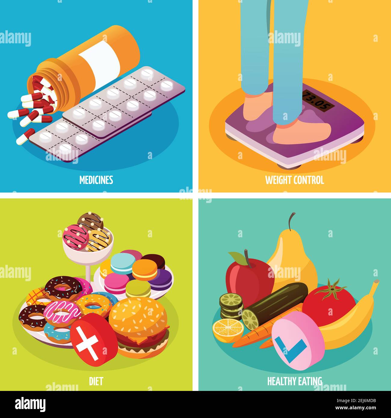 Diabetes monitoring isometric design concept with medicines, weight ...