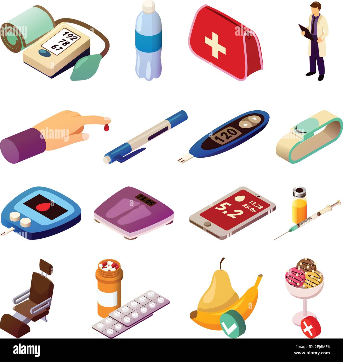 Diabetes control set of isometric icons with doctor, medical measuring ...