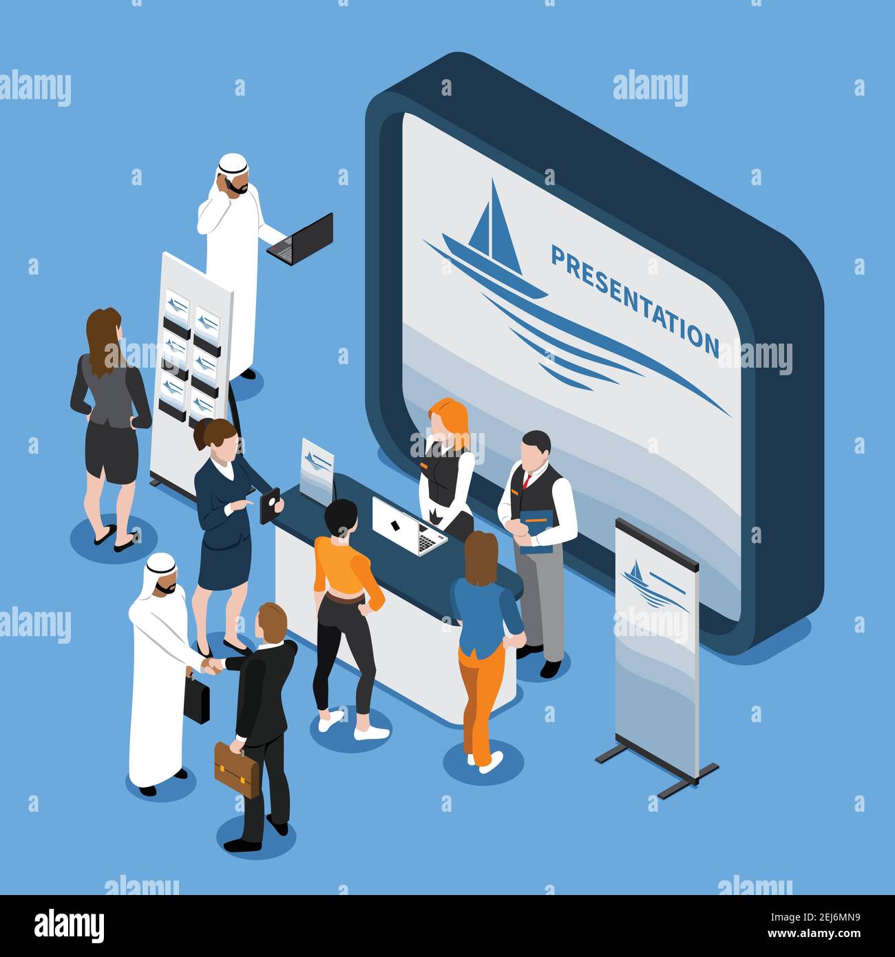 Exhibition stand with presentation on screen, business people, handout ...