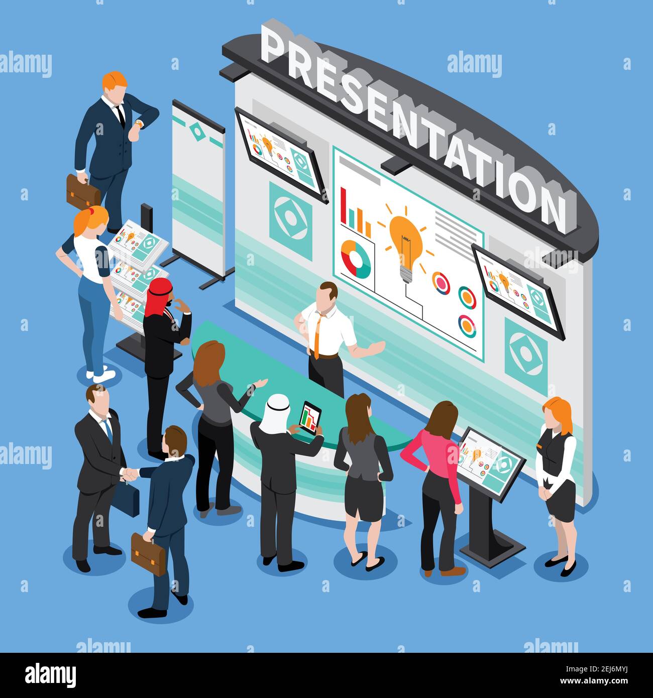 Presentation with infographic elements during exhibition, business people, computer technologies ...