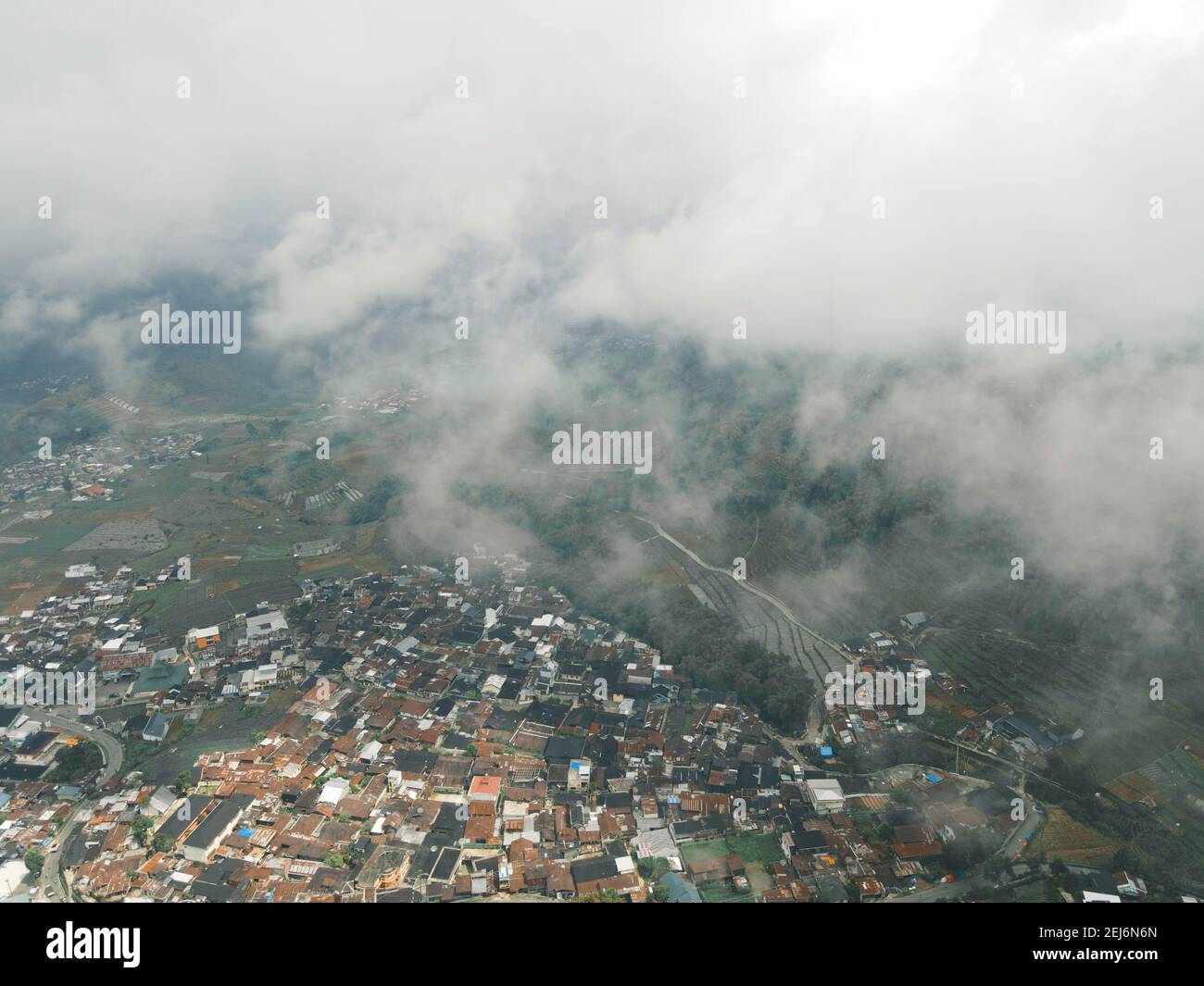 Aerial view of Dieng village at Wonosobo with mountain around it Stock ...