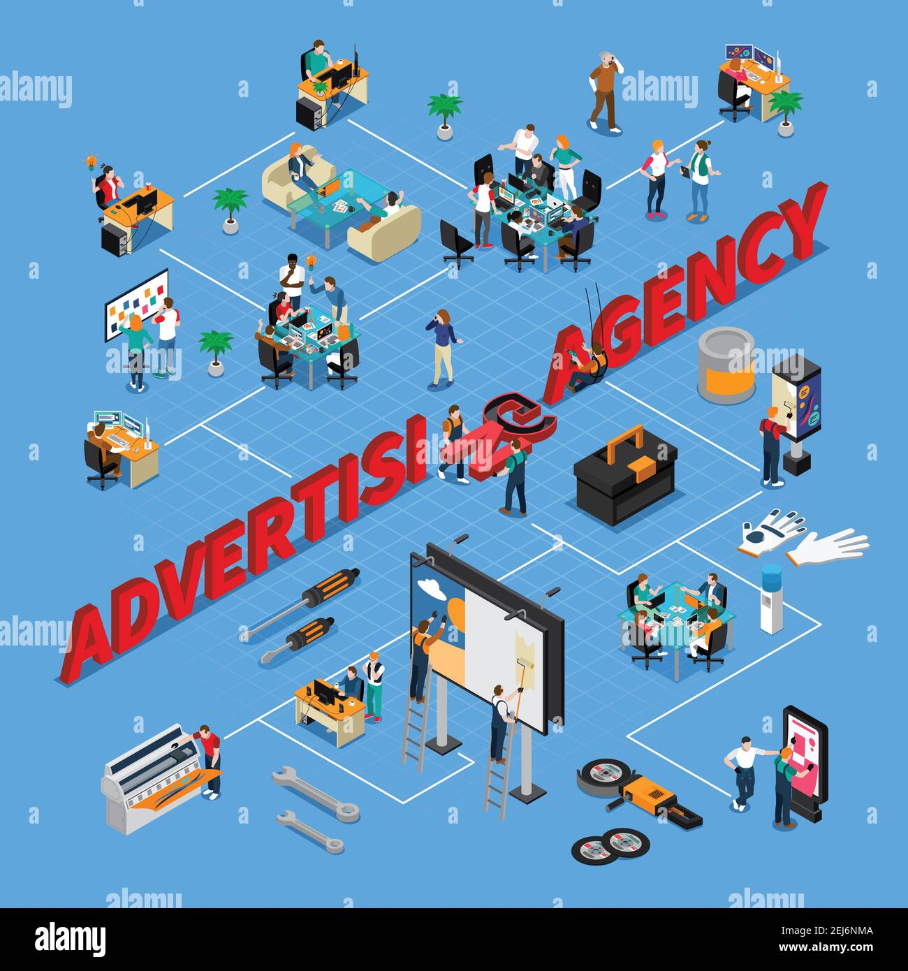 Advertising agency isometric flowchart on blue background with staff ...