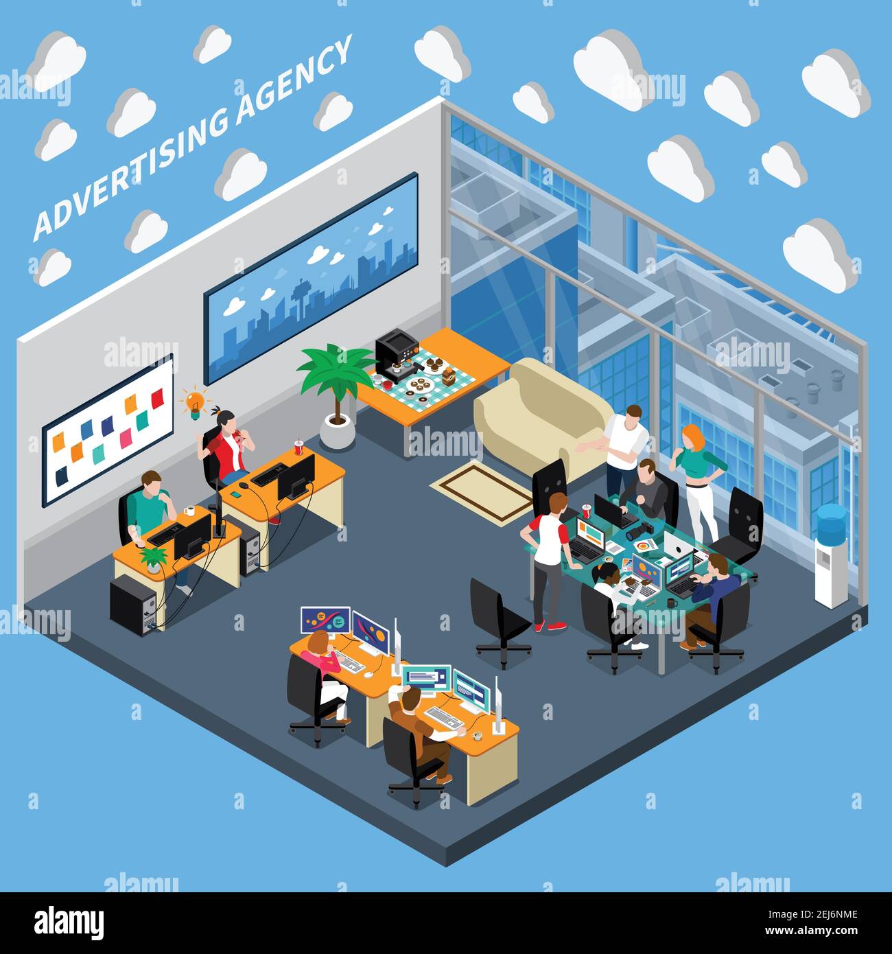 Advertising agency isometric composition on blue background with ...