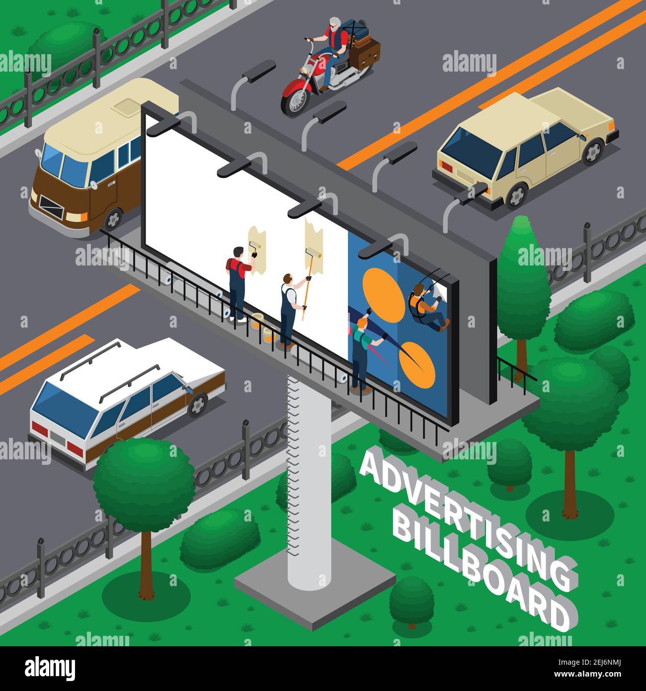 Workers pasting ad poster on billboard, isometric composition with ...