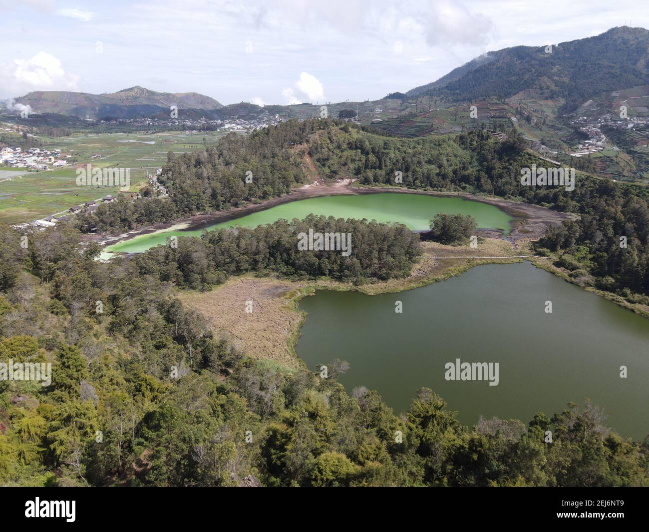 Aerial view of Telaga Warna lake in Dieng Wonosobo, Indonesia Stock ...
