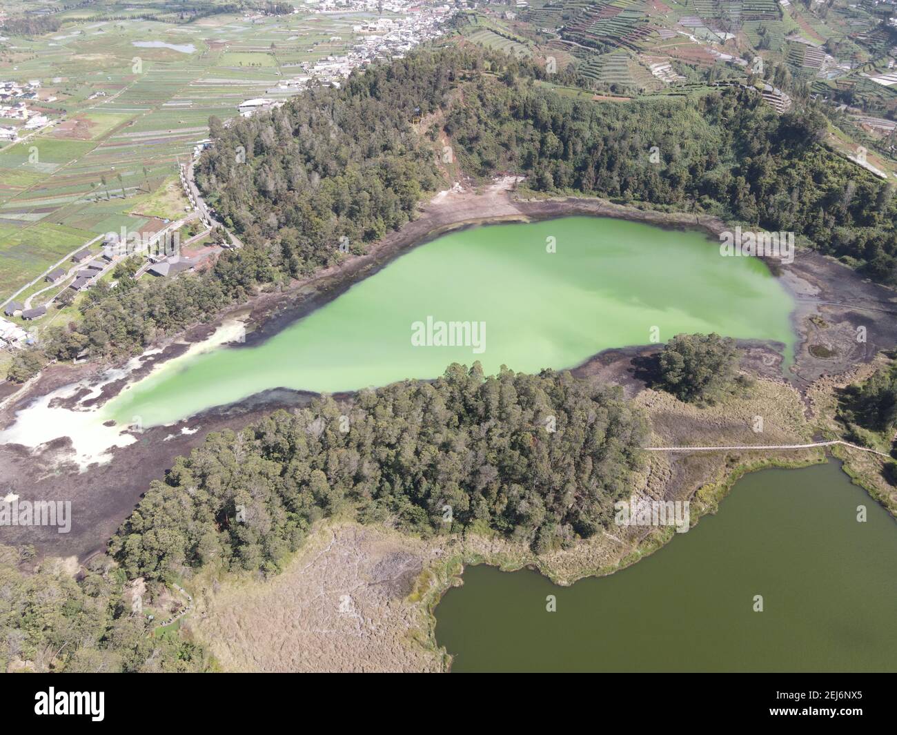 Aerial view of Telaga Warna lake in Dieng Wonosobo, Indonesia Stock ...
