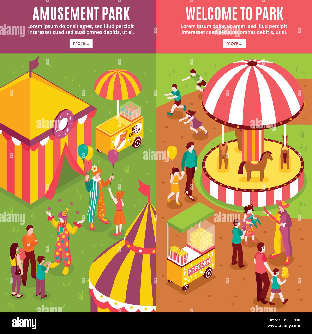 Isometric amusement park circus vertical banners collection with ...