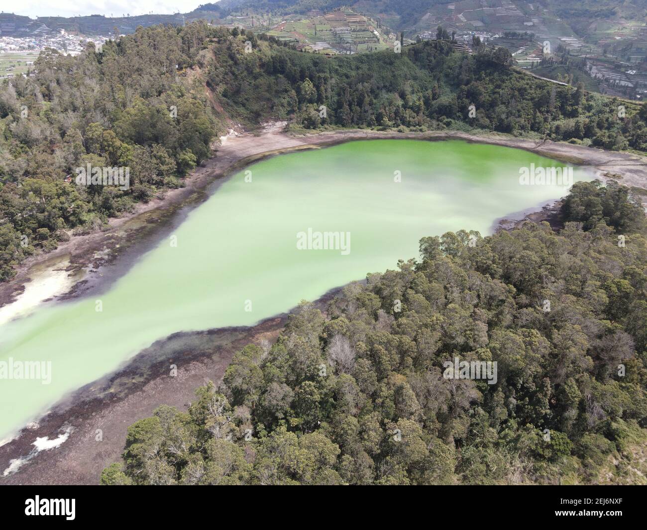 Aerial view of Telaga Warna lake in Dieng Wonosobo, Indonesia Stock ...