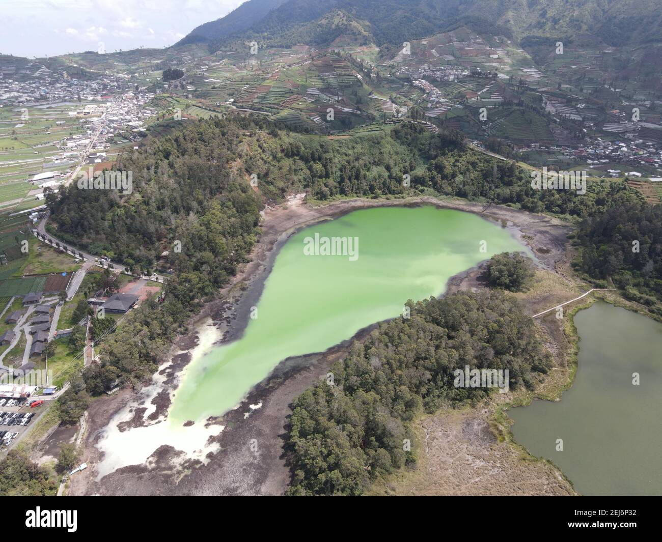 Aerial view of Telaga Warna lake in Dieng Wonosobo, Indonesia Stock ...