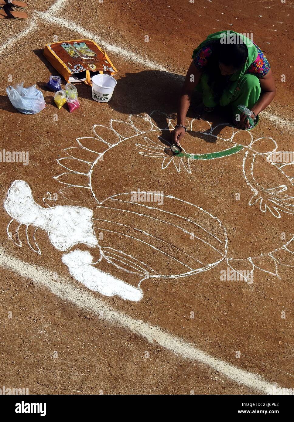 Indian Hindu woman draw traditional rangoli during harvest festival ...