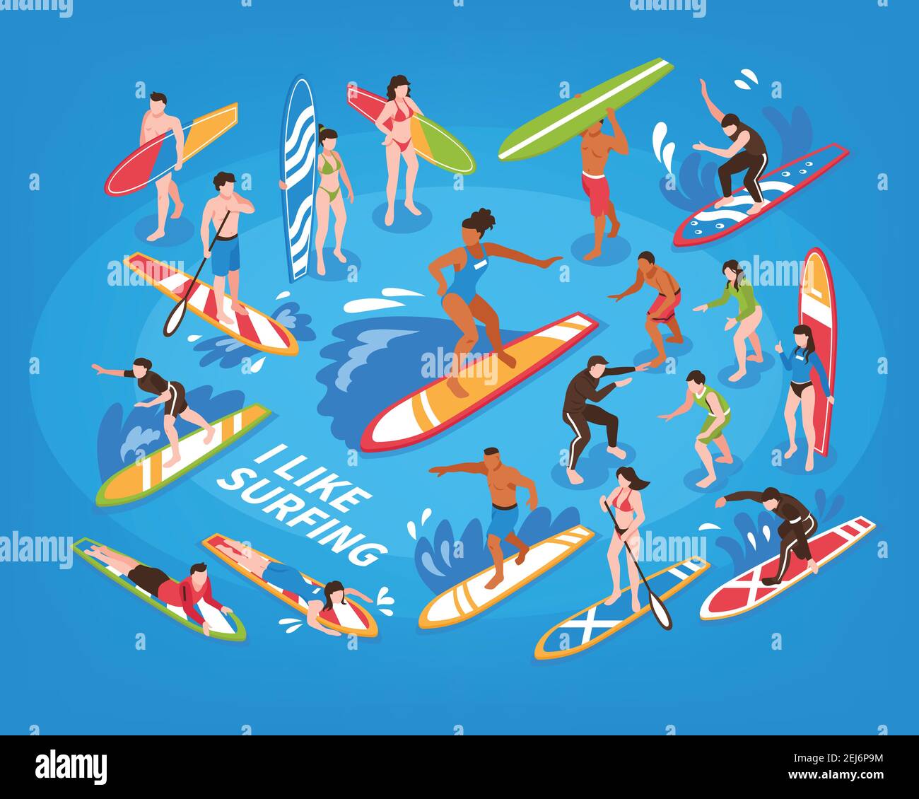 Surfing isometric blue background with male and female sportsmen riding ...