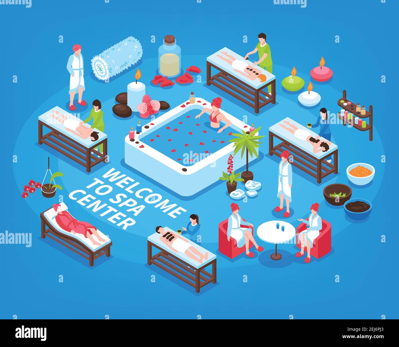 Welcome to spa center isometric background with people getting back ...