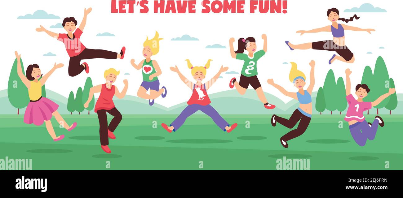 Jumping people horizontal composition with flat images of teenage kids ...
