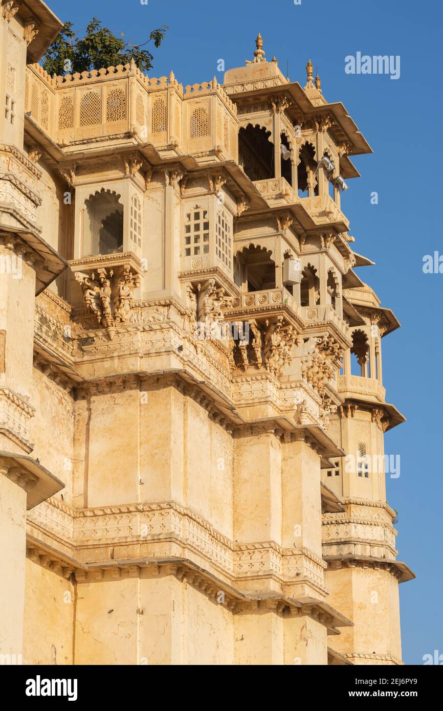 Udaipur, India, Front side of the City Palace with ornate balcony and ...
